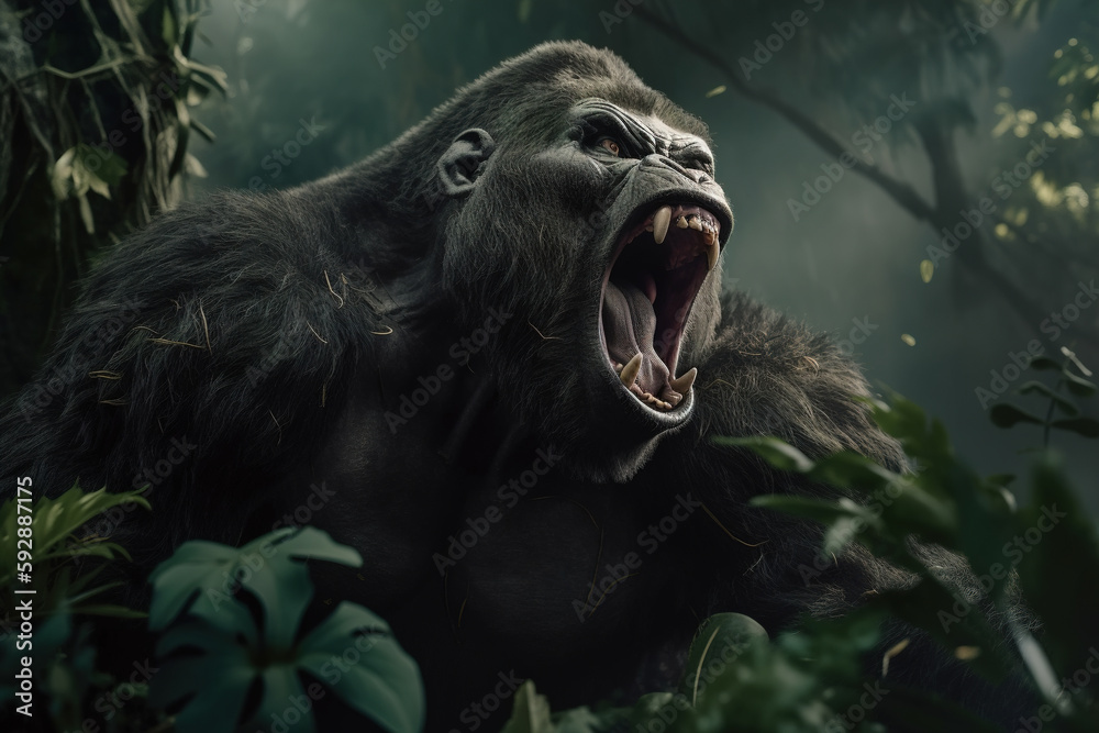 Angry aggressive monkey gorilla in jungle. Screaming king kong in ...