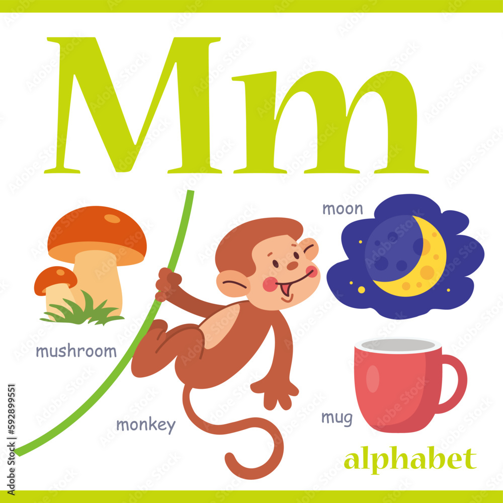 Alphabet letter M with cartoon vocabulary illustration: monkey, moon ...