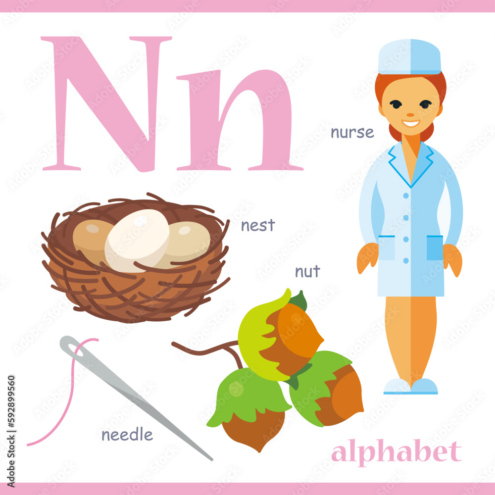 Alphabet letter N with cartoon vocabulary illustration: nurse, nest ...