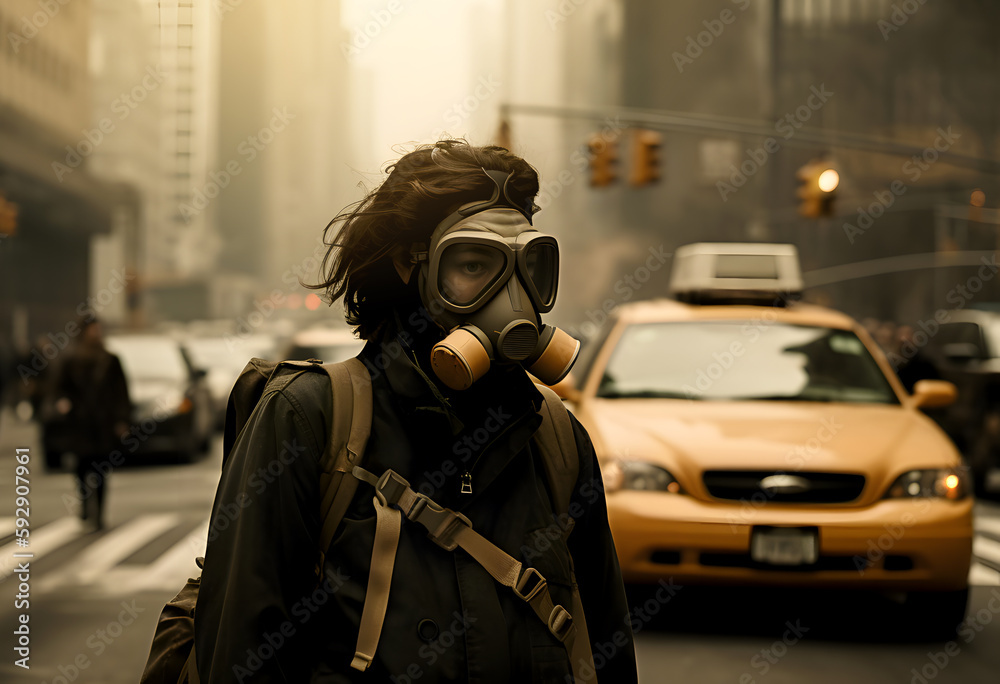 full of buildings, pollution is serious, the people on the sidewalk are ...