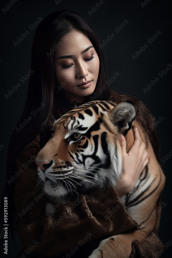 Beautiful Asian girl hugging a tiger, realistic photography. Asia ...