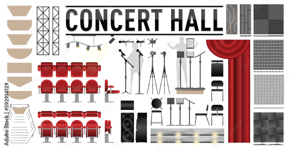 Multipurpose and Concert Hall Design Elements and Furniture views for ...