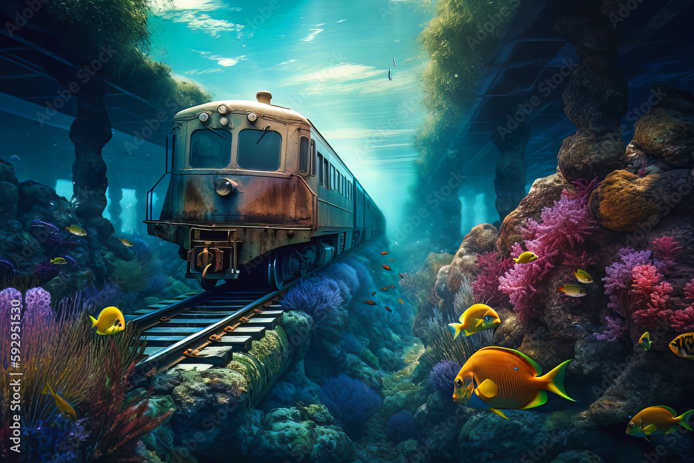The railroad under the sea in the style of realistic fantasy artwork ...