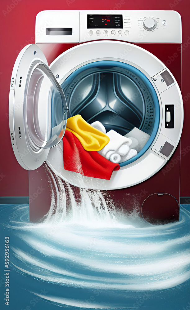 Concept of washing machine problems with water overflowing and flooding ...