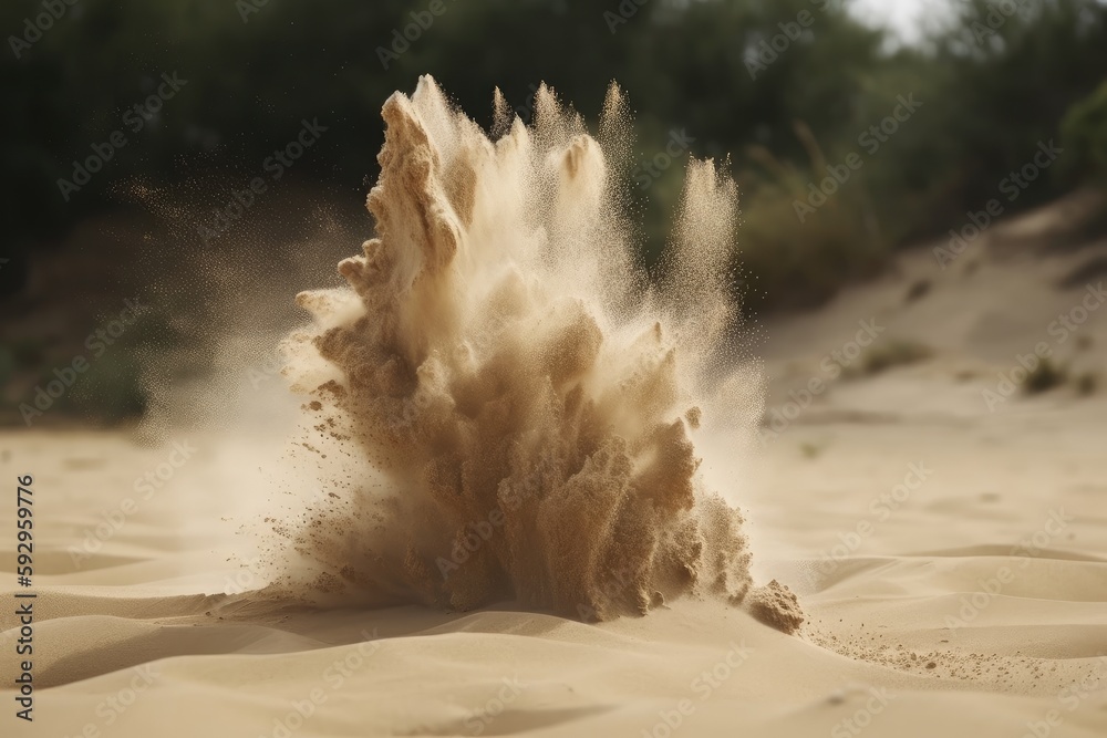sand explosion in slow motion, with large grains billowing up into the ...