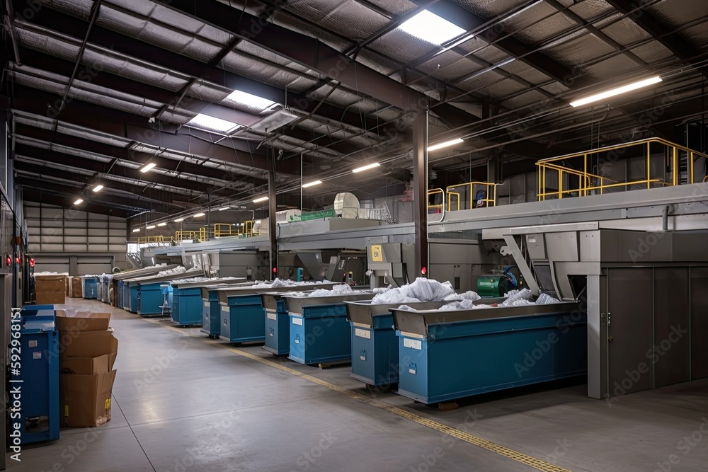 recycling center, with bins and machines for sorting different types of ...