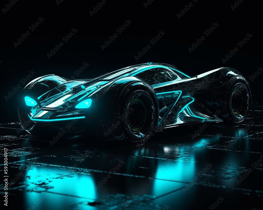 Futuristic black electric automobile with cyan blue neon led lights. Ai ...