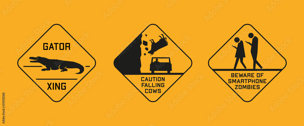 Funny yellow road sign. Gator crossing sign. Caution fallig cows sign ...