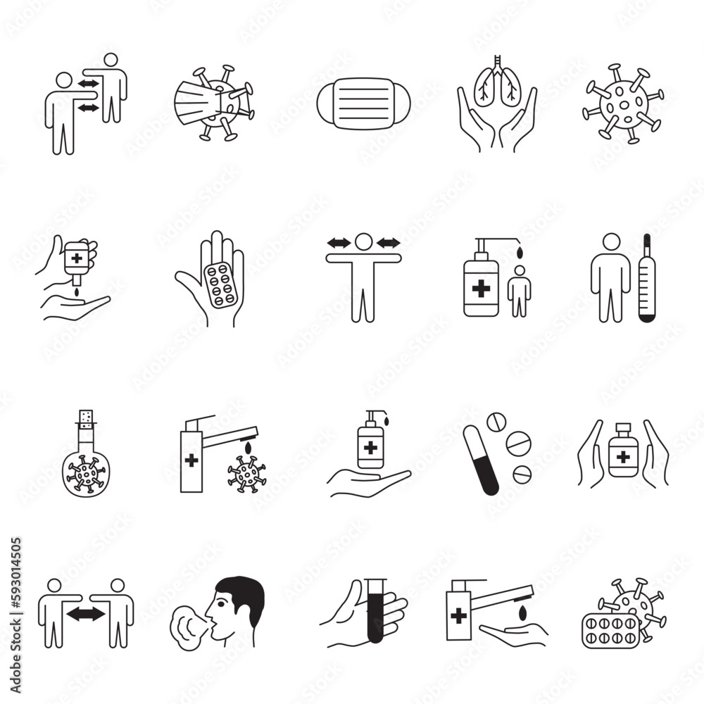 Vetor Covid-19 line symbols. Corona virus icons. Health safety. Medic ...