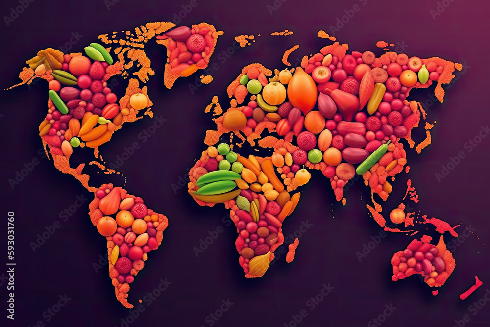 the world map made up of fruits and vegetables on a dark purple ...