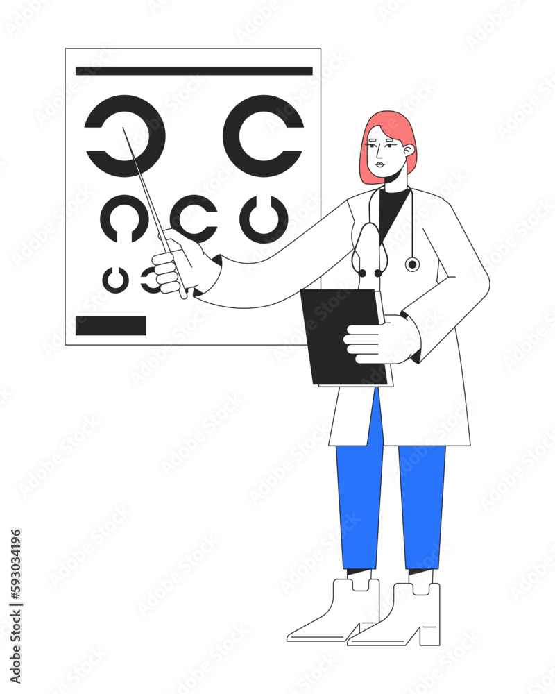 Female ophthalmologist with eye chart flat line color vector character ...