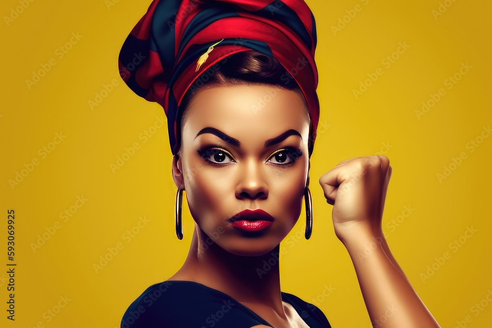 Strong powerful fictional AI generated woman. Black Woman's day banner ...