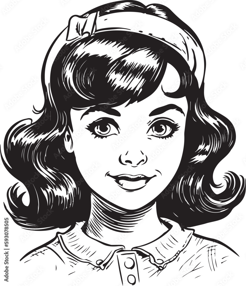 Vintage girl kids 60s style young kids . Retro comics black and white ...