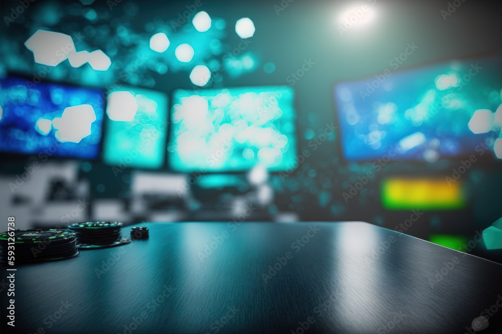 Tabletop view with blurred background of gaming room interior design ...