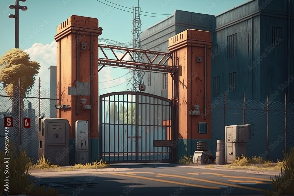 industrial setting. Barrier gate near the industrial area's entrance ...