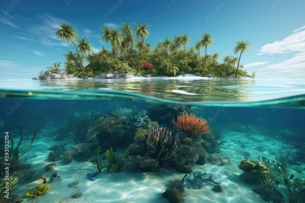 Corals and reef under water, with Lush tropical shore landscape above the surface - AI Generated ...