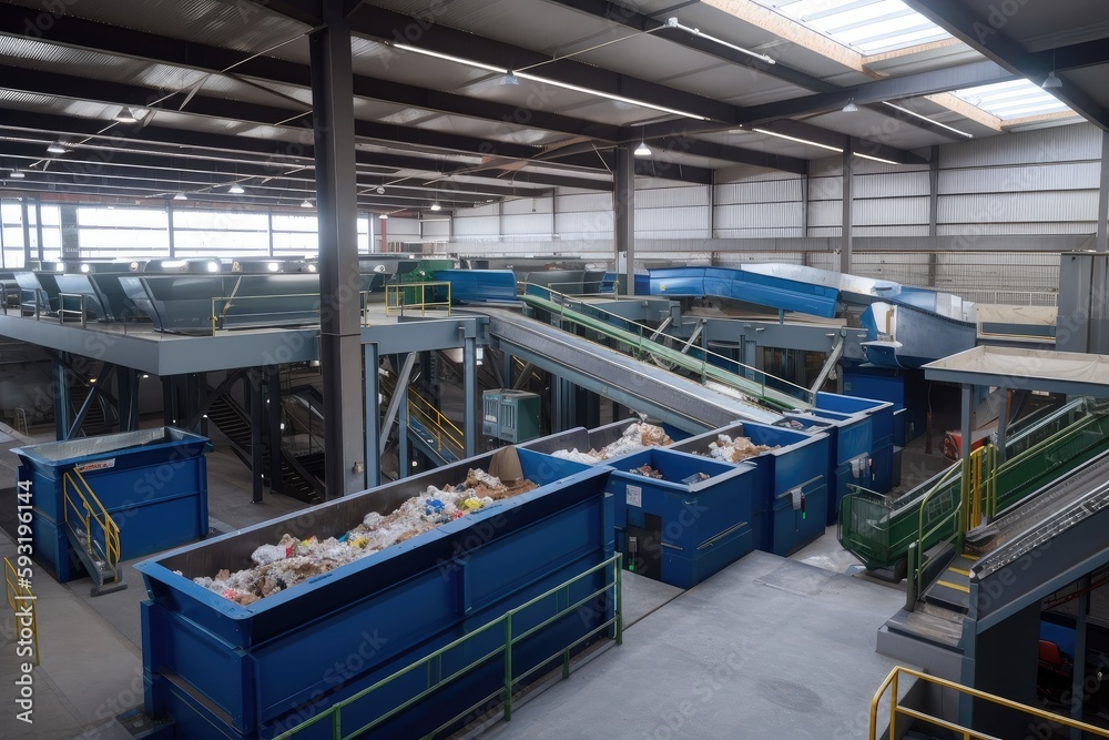 Ilustración de Stock recycling center, with bins and sorting machines ...