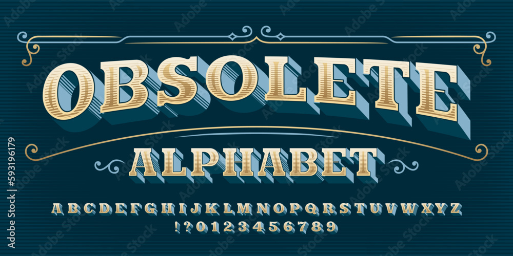 Obsolete alphabet font. Vintage letters and numbers. Vector typeface ...