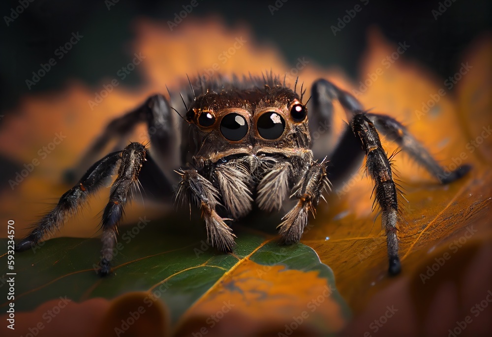 Generative AI illustration of a jumping spider sitting on a leaf and ...