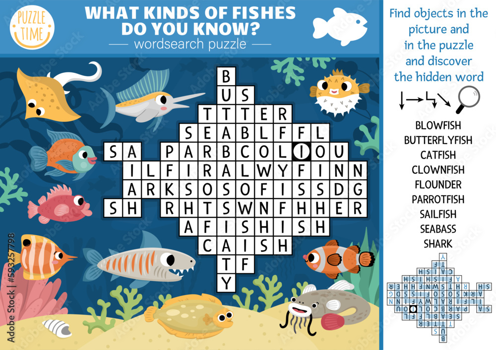 Vector under the sea word search puzzle for kids. Simple ocean life ...