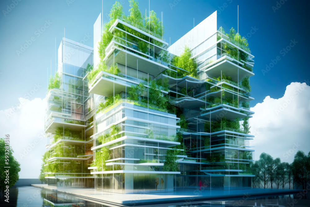Green buildings concept. Eco-friendly green apartment or office building with vertical garden ...