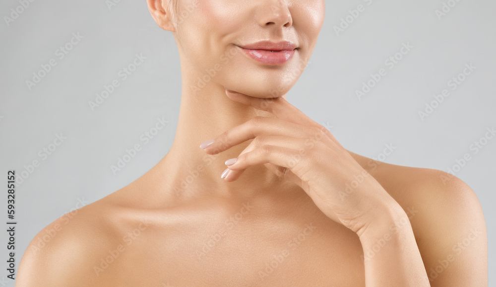 Beauty Lips Close up. Woman Chin Massage and Neck Lifting Cosmetology ...