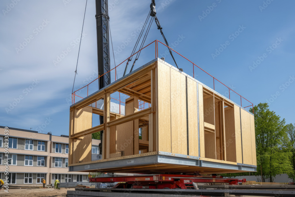 Wooden building module is raised by a crane and placed into the ...