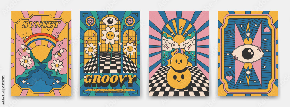 Collection of bright groovy posters 70s. Retro poster with psychedelic ...
