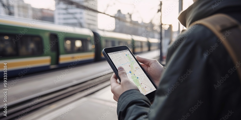 A commuter using a smartphone to navigate public transportation ...