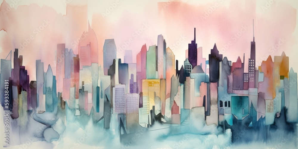 abstract watercolor painting of city skyline in pastel colors, concept ...