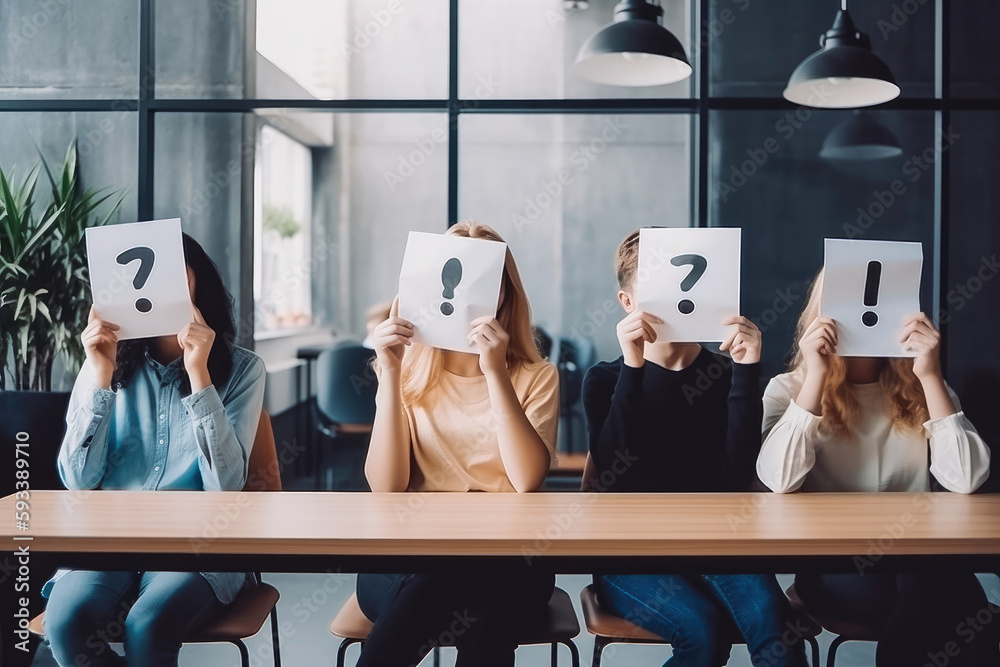 People hiding faces behind papers sheets, sitting in row in office ...