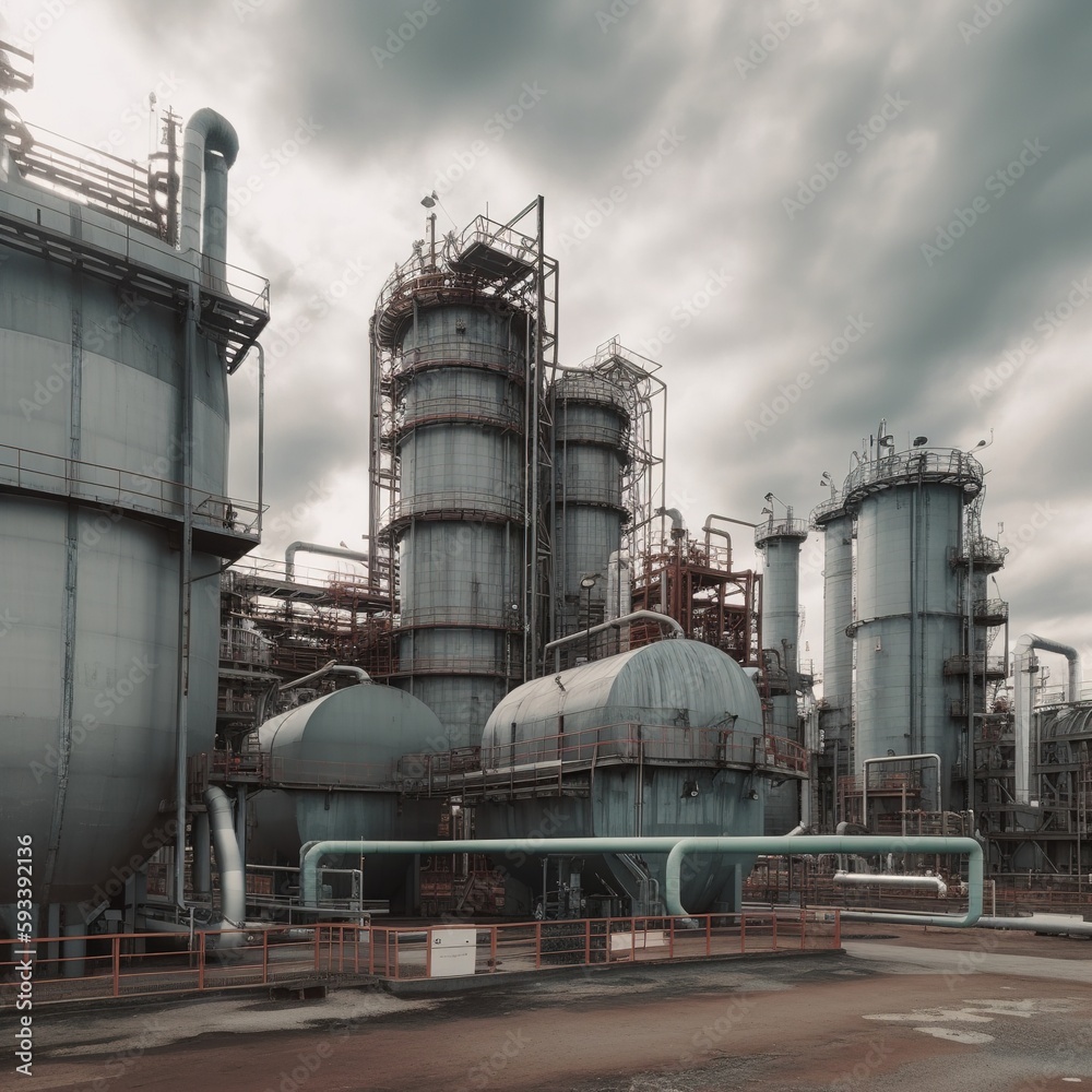 Large-scale ammonia production facility. Under a cloudy sky, the ...