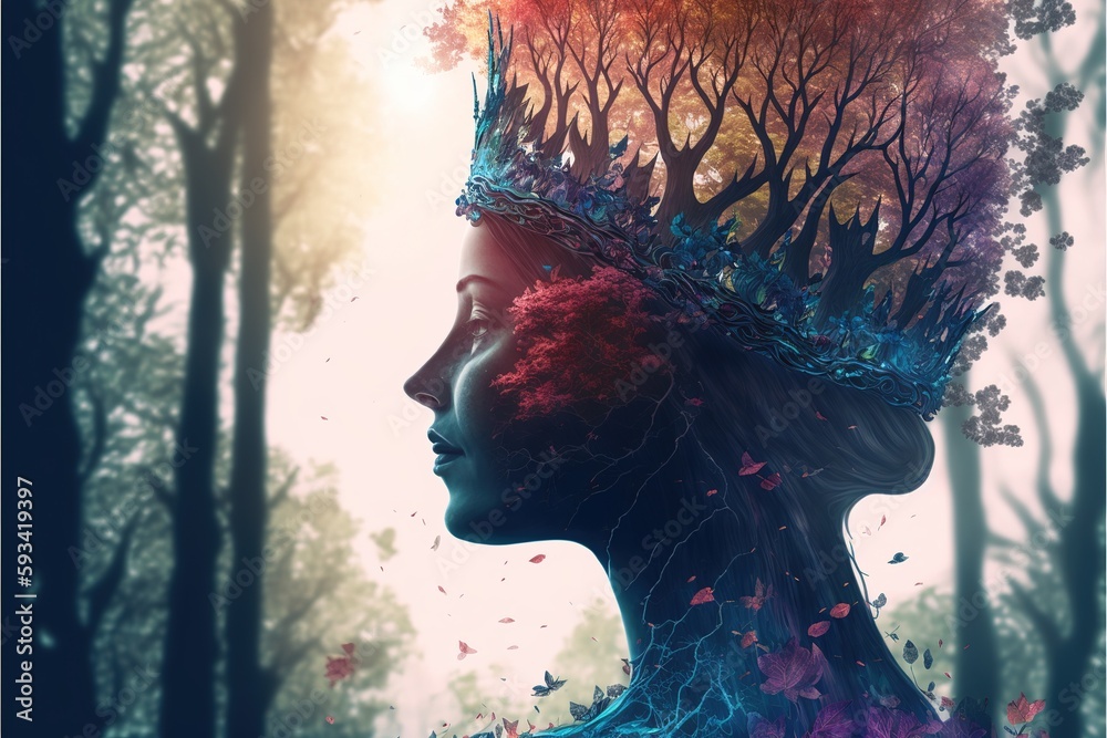 Majestic queen of the forest profile double exposure with natural ...