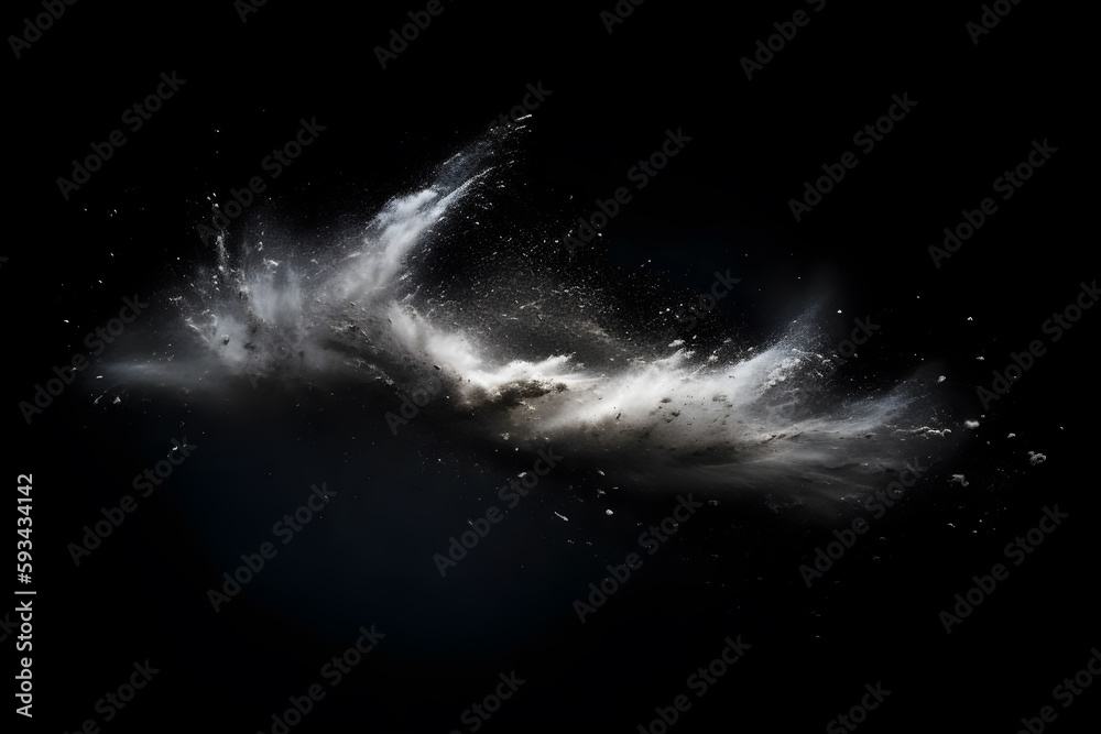 Abstract design of white powder snow cloud explosion on dark background ...