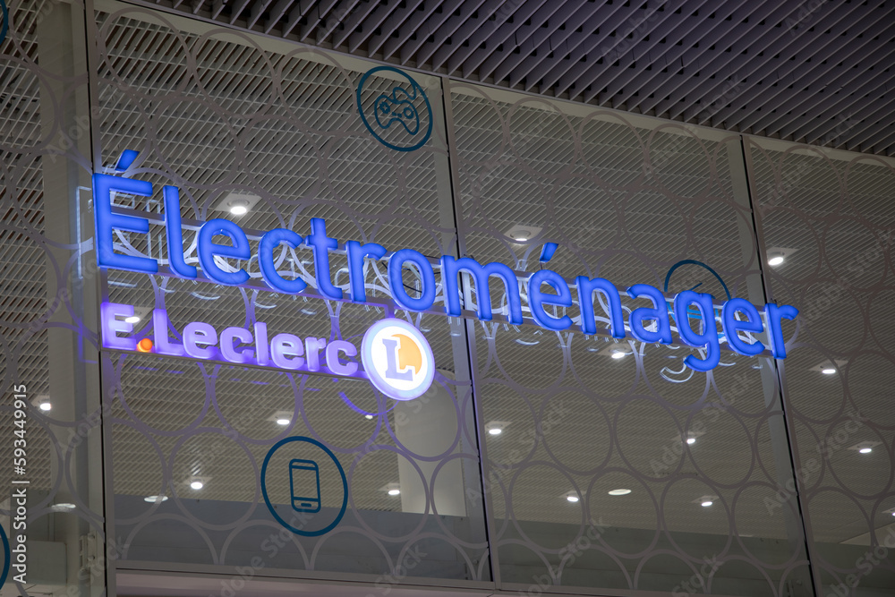 E.Leclerc electomenager sign text and brand logo facade shop French ...