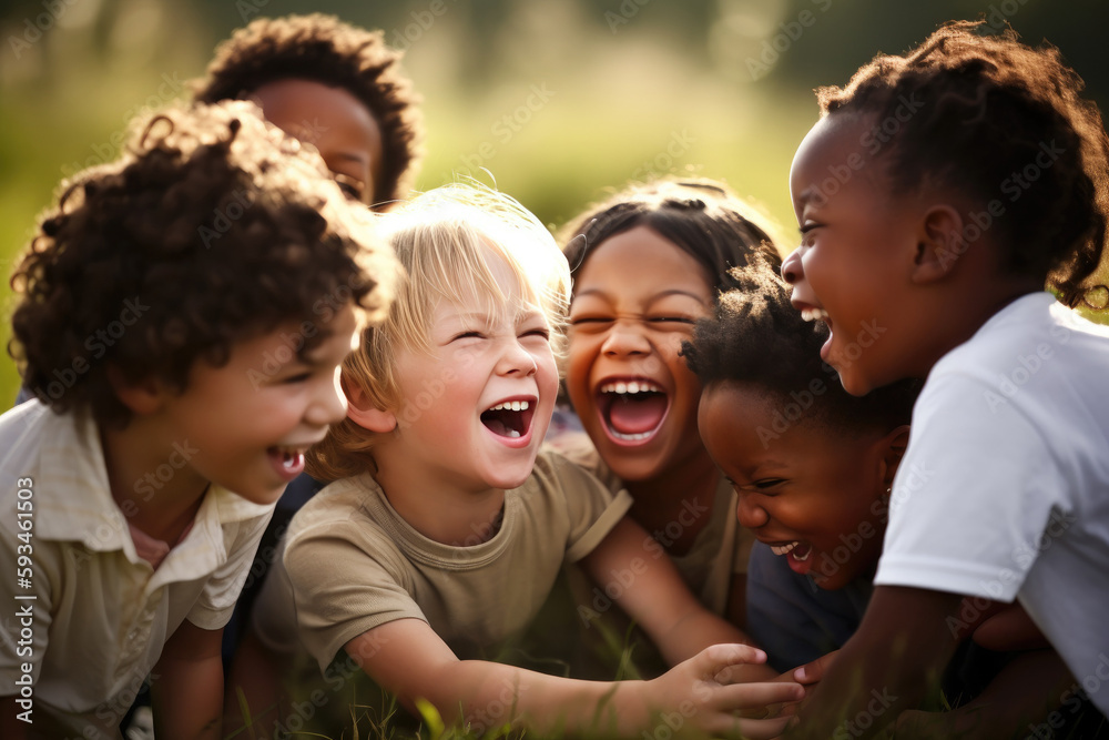Children having fun in nature, happy kids playing together, diverse ...