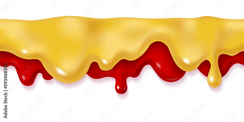 Dripping ketchup and mustard sauce design. Vector 3d liquid paint stain ...