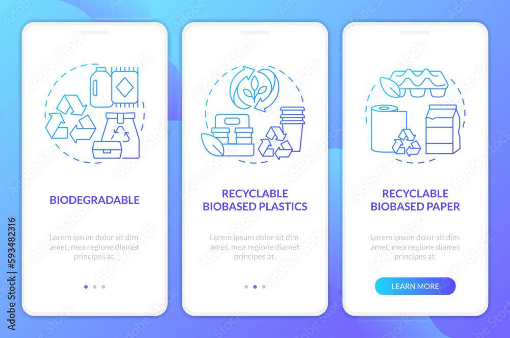 Biobased Materials Blue Gradient Onboarding Mobile App Screen Walkthrough 3 Steps Graphic