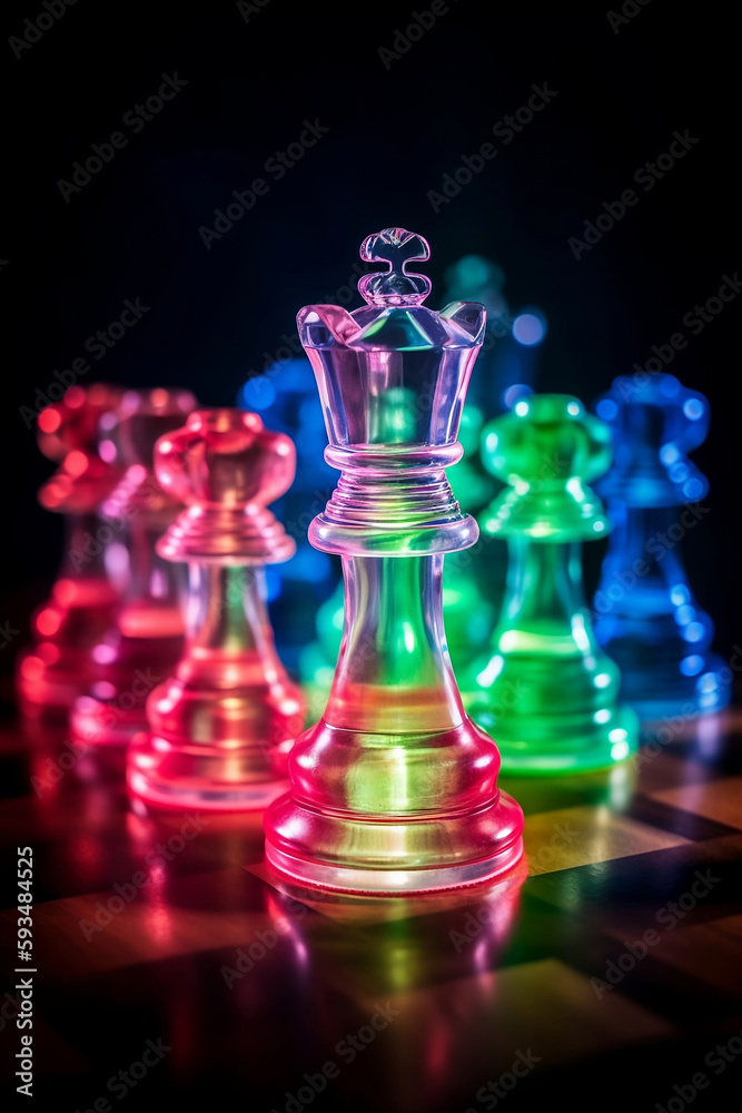 Transparent colorful chess pieces on the board close-up, dark neon ...