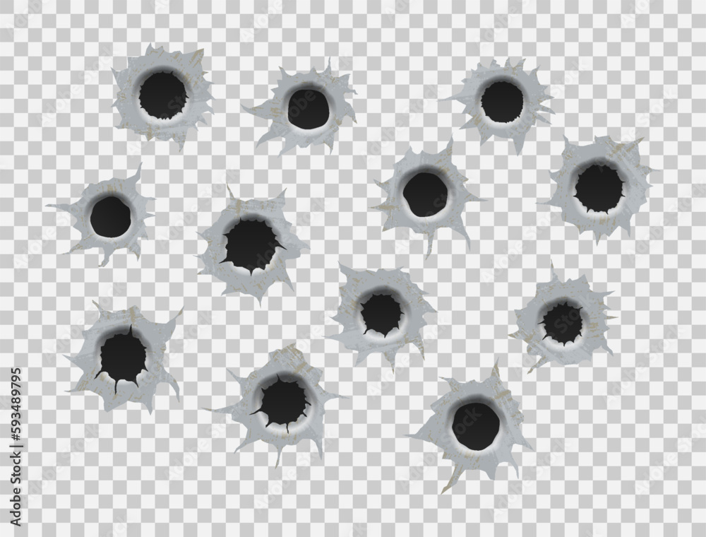 Ragged hole in metal from bullets on White transparent background. Different damaged element ...