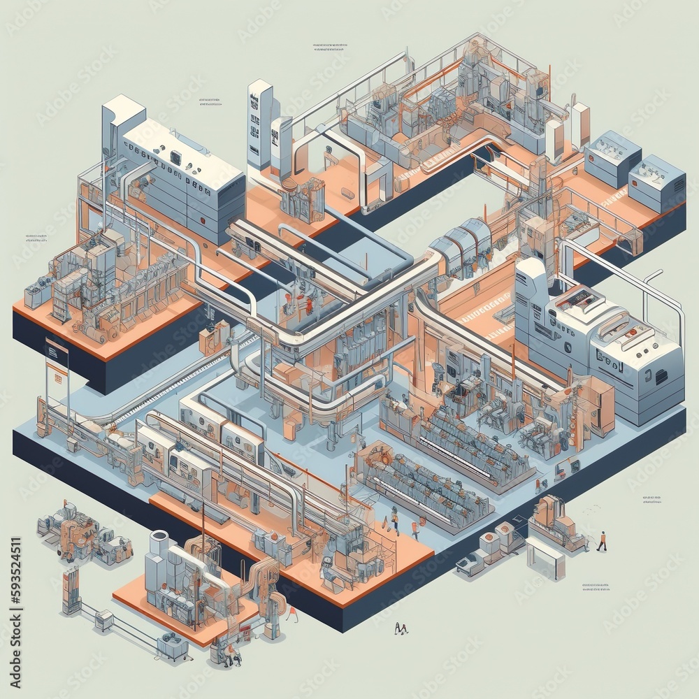 An illustration of a factory with multiple production lines ...