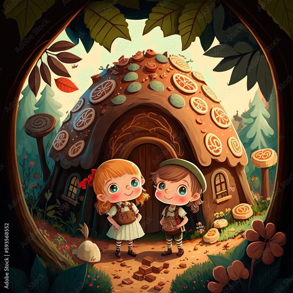 Hansel and Gretel in front of the candy house in the forest. Cartoon style. Siblings. Generative ...