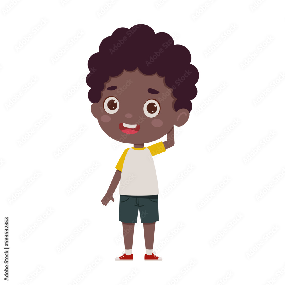 Cute little kid african boy confused. Cartoon schoolboy character show ...