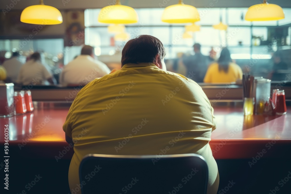 Fat man eating fast food or junk meal in a fast food restaurant / diner ...