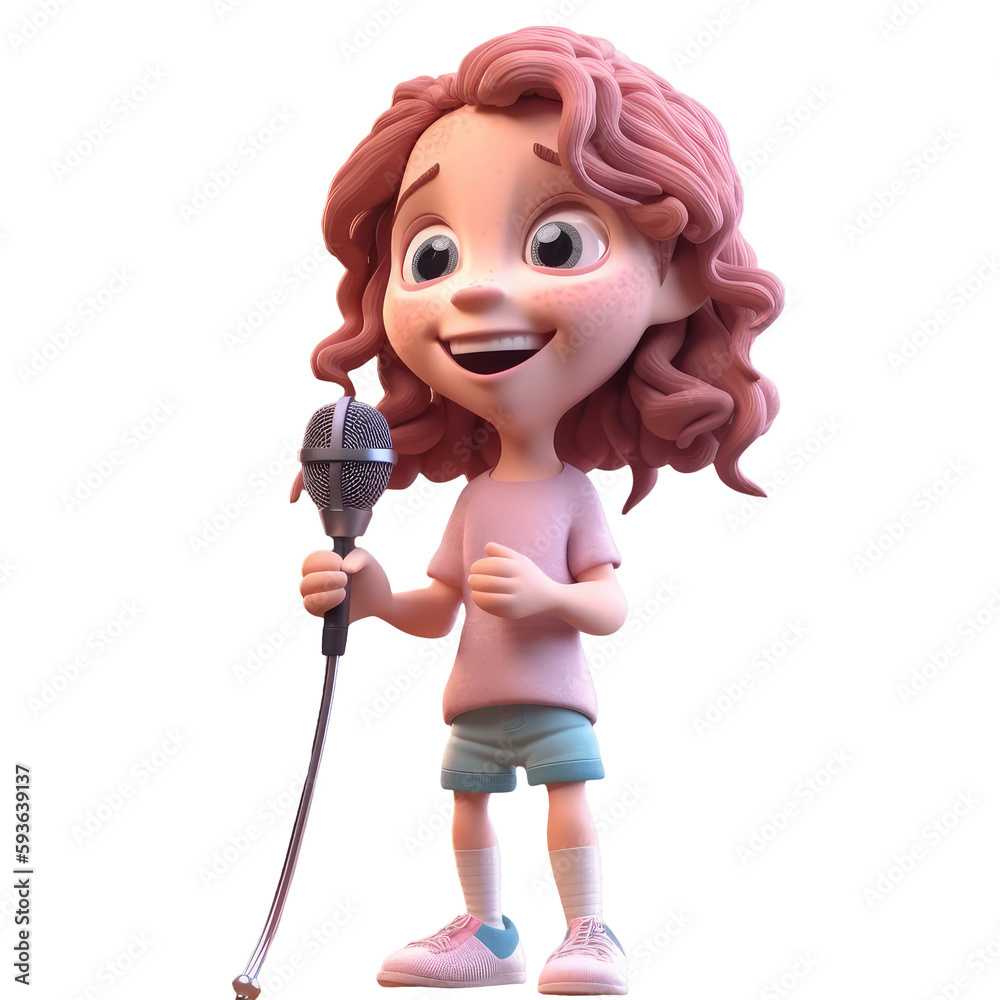 Cute 3d icon people happy little kid girl sing a song karaoke character ...