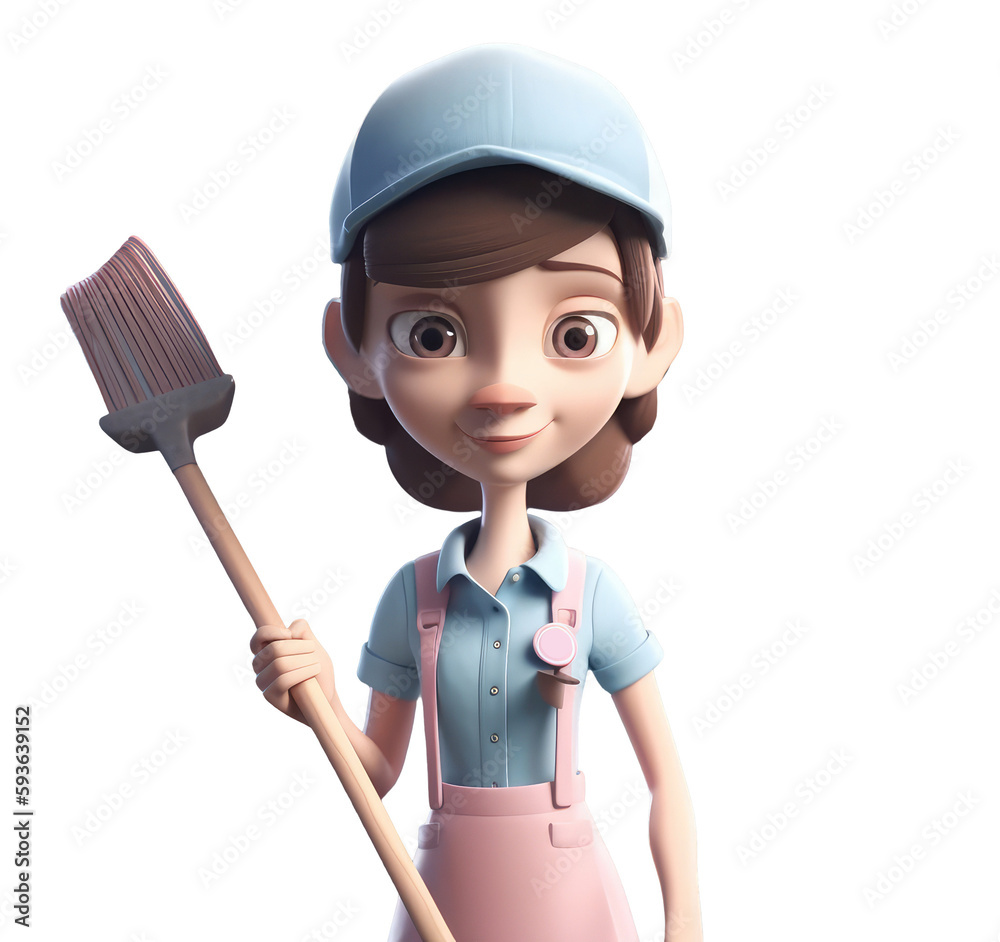 3D icon cute Young woman housewife cleaning the floor with a mop ...