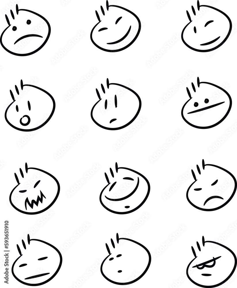 Hand drawn brush emoticons, different emotions, emoji, vector drawing ...