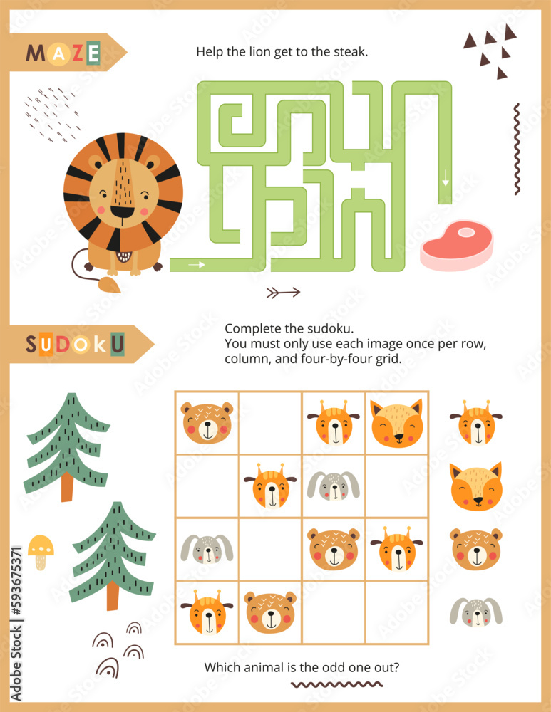 Stock-Vektorgrafik „Cute Animals Activity Pages for Kids. Printable ...