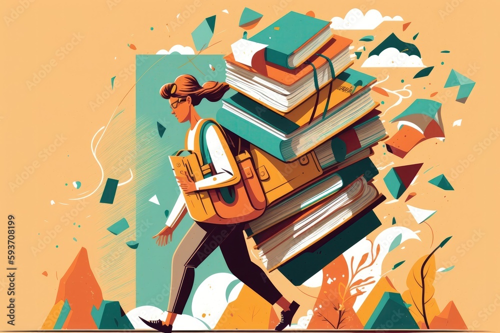 Illustration of a student caring heavy books on his back. Education ...