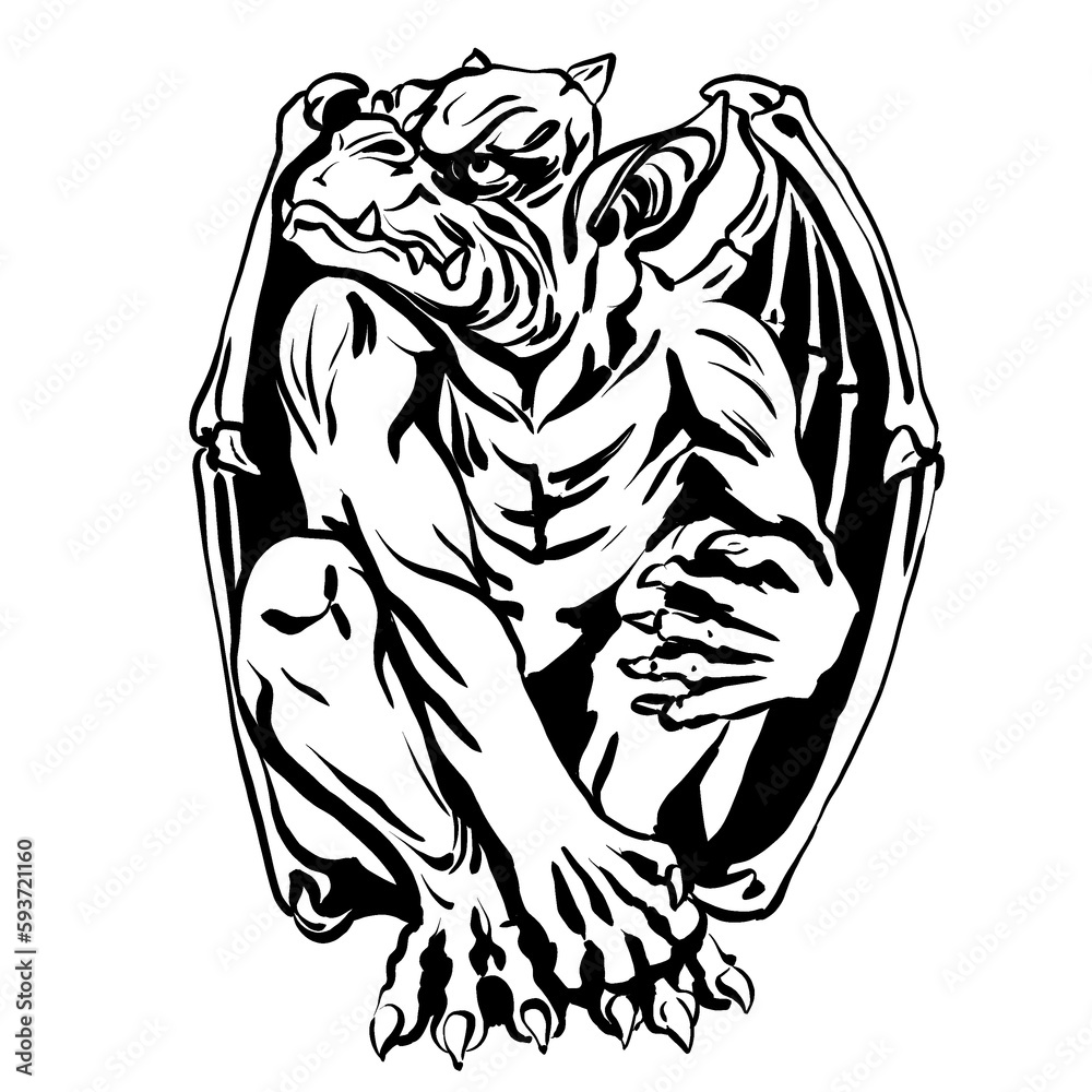 fantasy demonic gothic Gargoyle statue.Monochrome freehand illustration ...